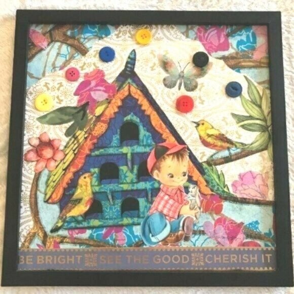 Hand Crafted | Art | Birdhouse Boy With Bunny Handmade Spring Collage ...